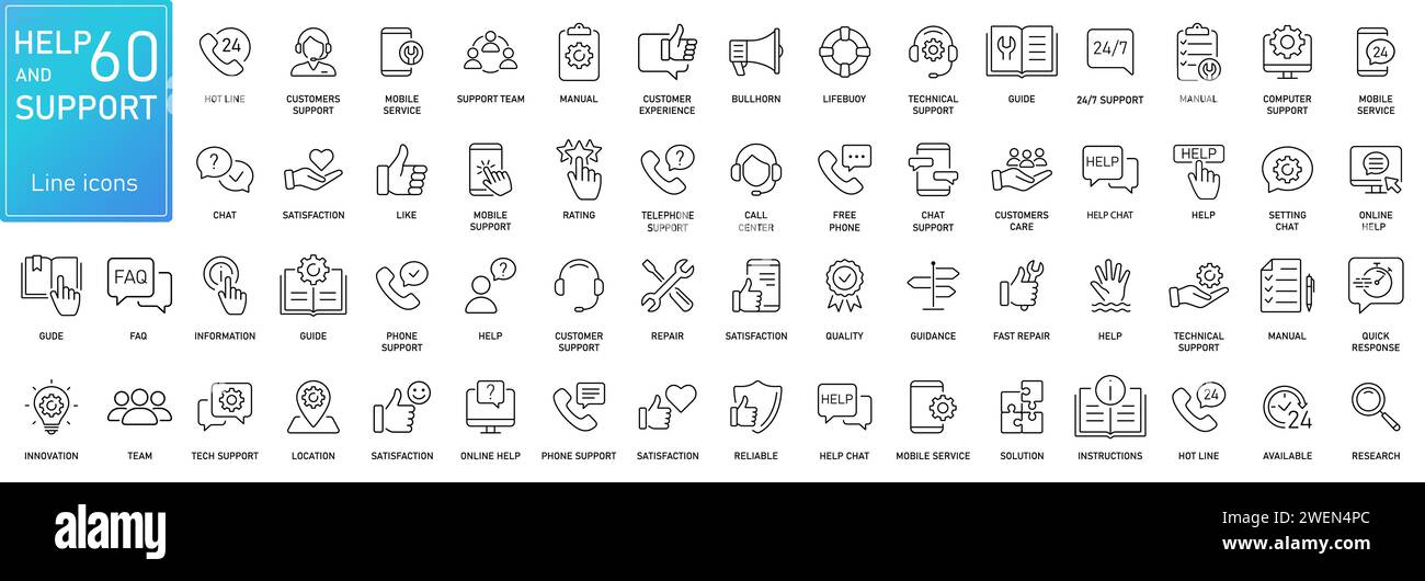 Kundendienst und Support – Gliederung von Symbolen. Die dünne Linie enthält Symbole wie Online ...