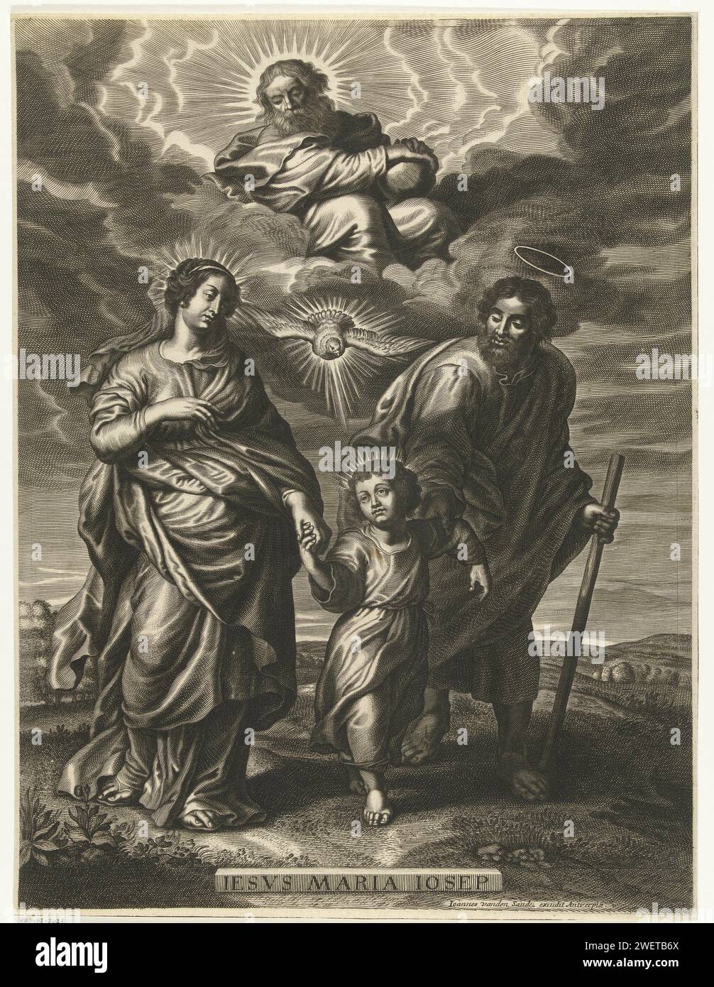 Christkind läuft zwischen Maria und Joseph mit Gott und Heiligem Geist ...