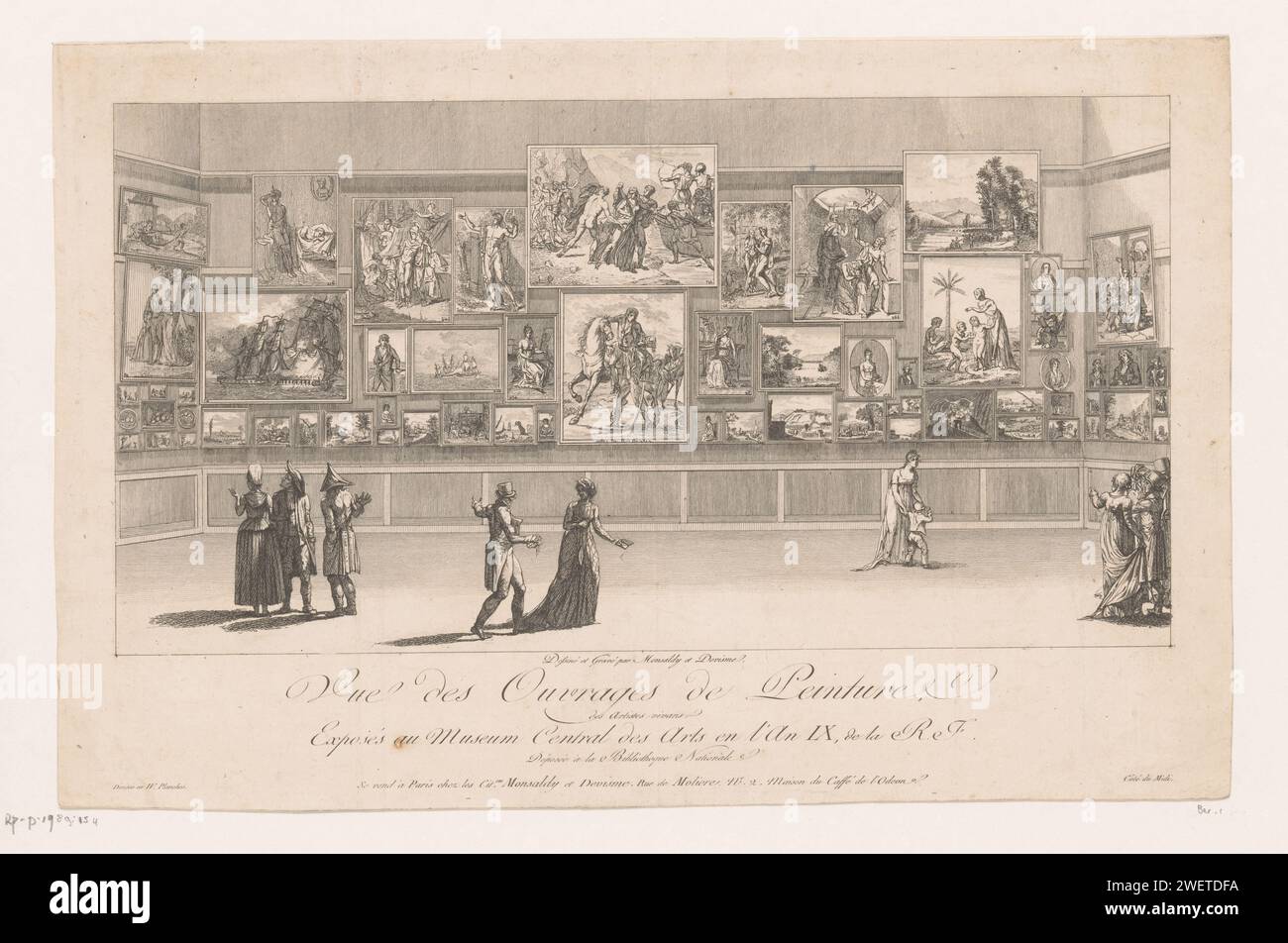 Blick auf eine Gemäldegalerie mit elf Figuren im Musée du Louvre ...