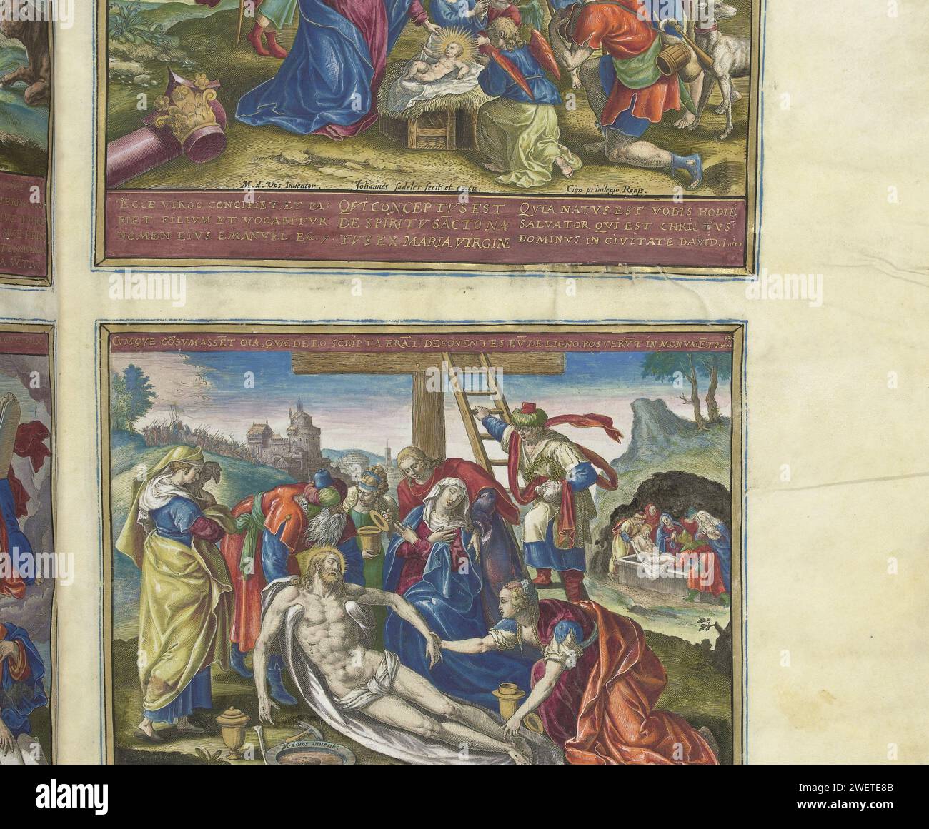 Anbetung durch die Hirten, 1579 gedruckte Illustration des dritten glaubensartikels ([Christus ...