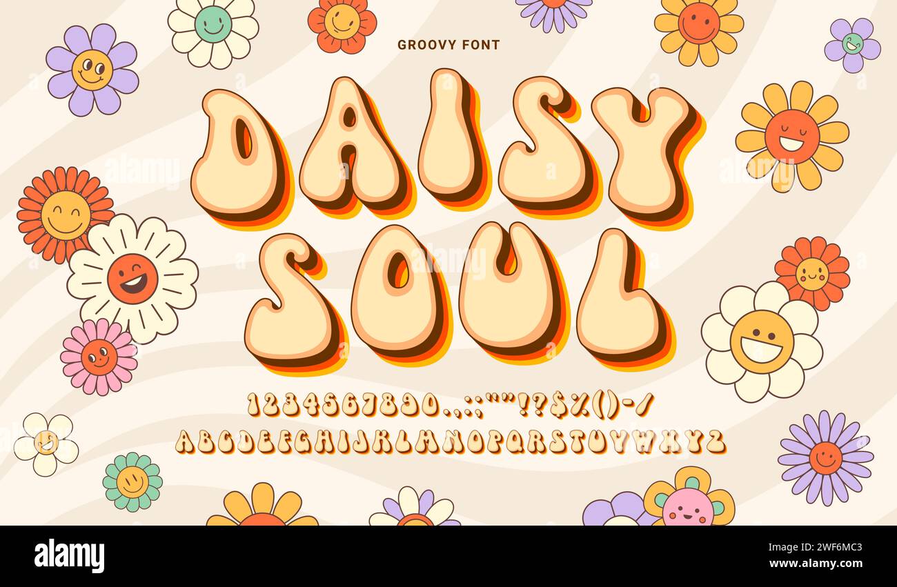 Groovige Schriftart, Groove-Typ, Hippie-Retro-Schrift, psychedelisch ...