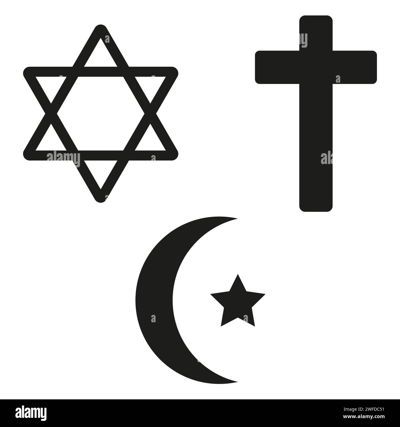 Symbole der drei Weltreligionen. Judentum, Christentum und Islam. Vektorabbildung. EPS 10 Stock ...