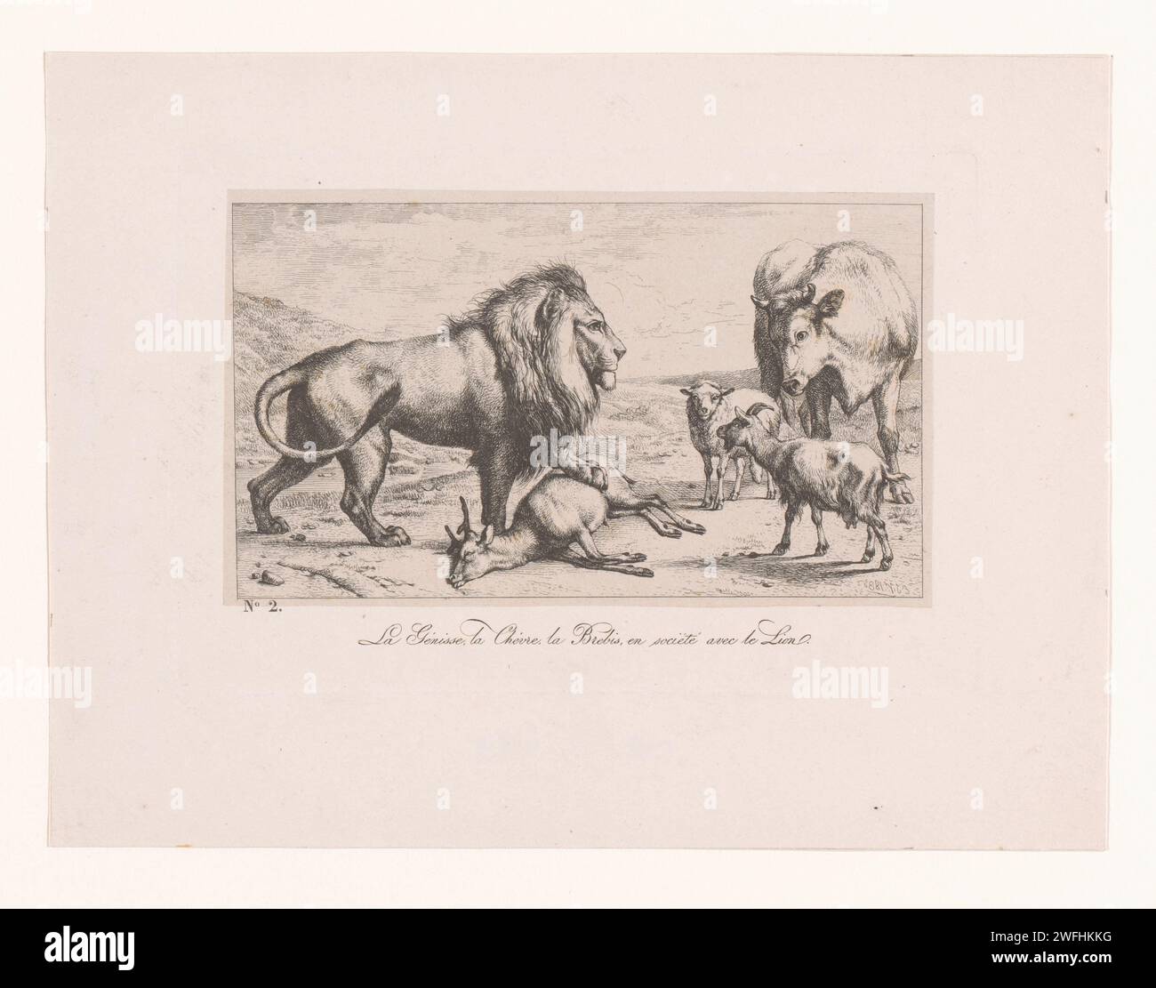 Fabel van de Leeuw und de Prooi, Eugène Verboeckhoven, Druck 1830 Fabel ...