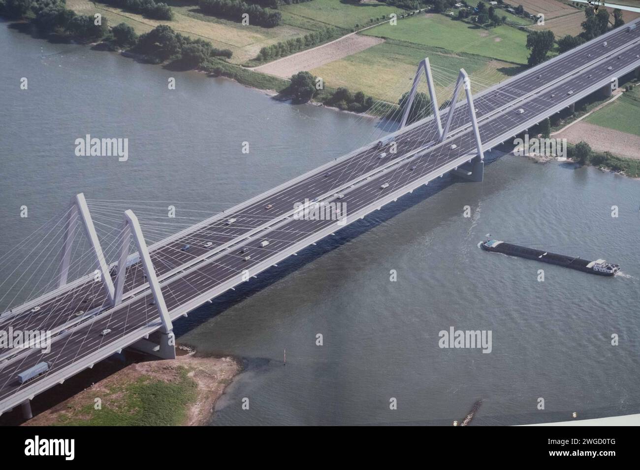 Modell der neuen Leverkusener Bruecke auf einem Plakat, Freigabe der Leverkusener A1-Bruecke ...