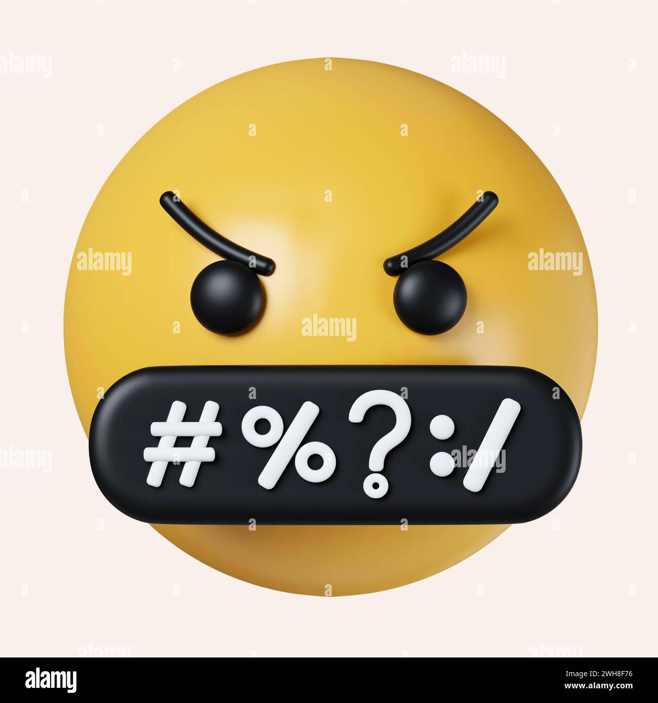 3D wütendes Emoji-Gesicht, Emoticon-Gesicht mit Symbolen über dem Mund ...