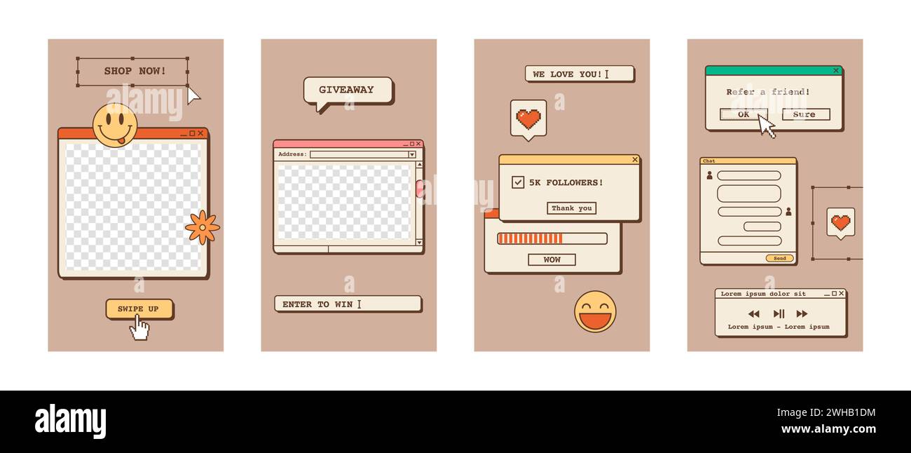 Set von Vorlagen für Storys im Vaporwave-Stil. Nostalgische Gestaltung ...