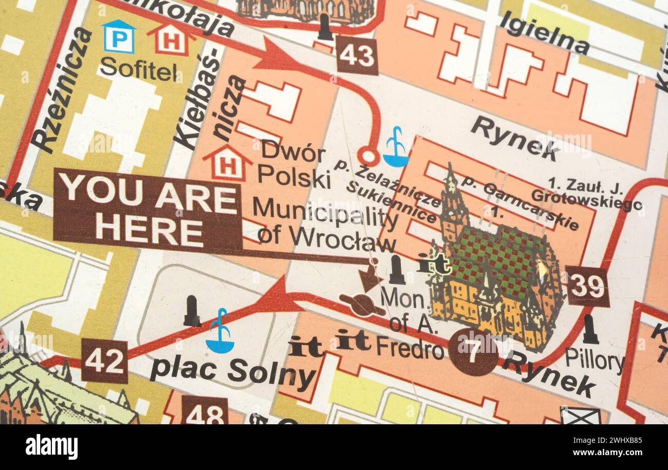 Polen, Breslau, Stadtplan mit markierten Touristenattraktionen ...