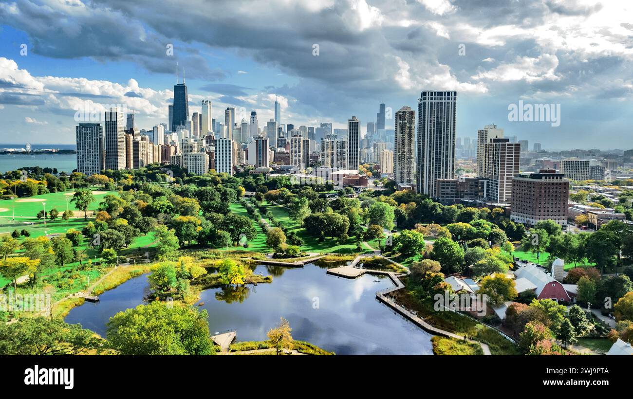 Die Skyline von Chicago aus der Vogelperspektive aus der ...