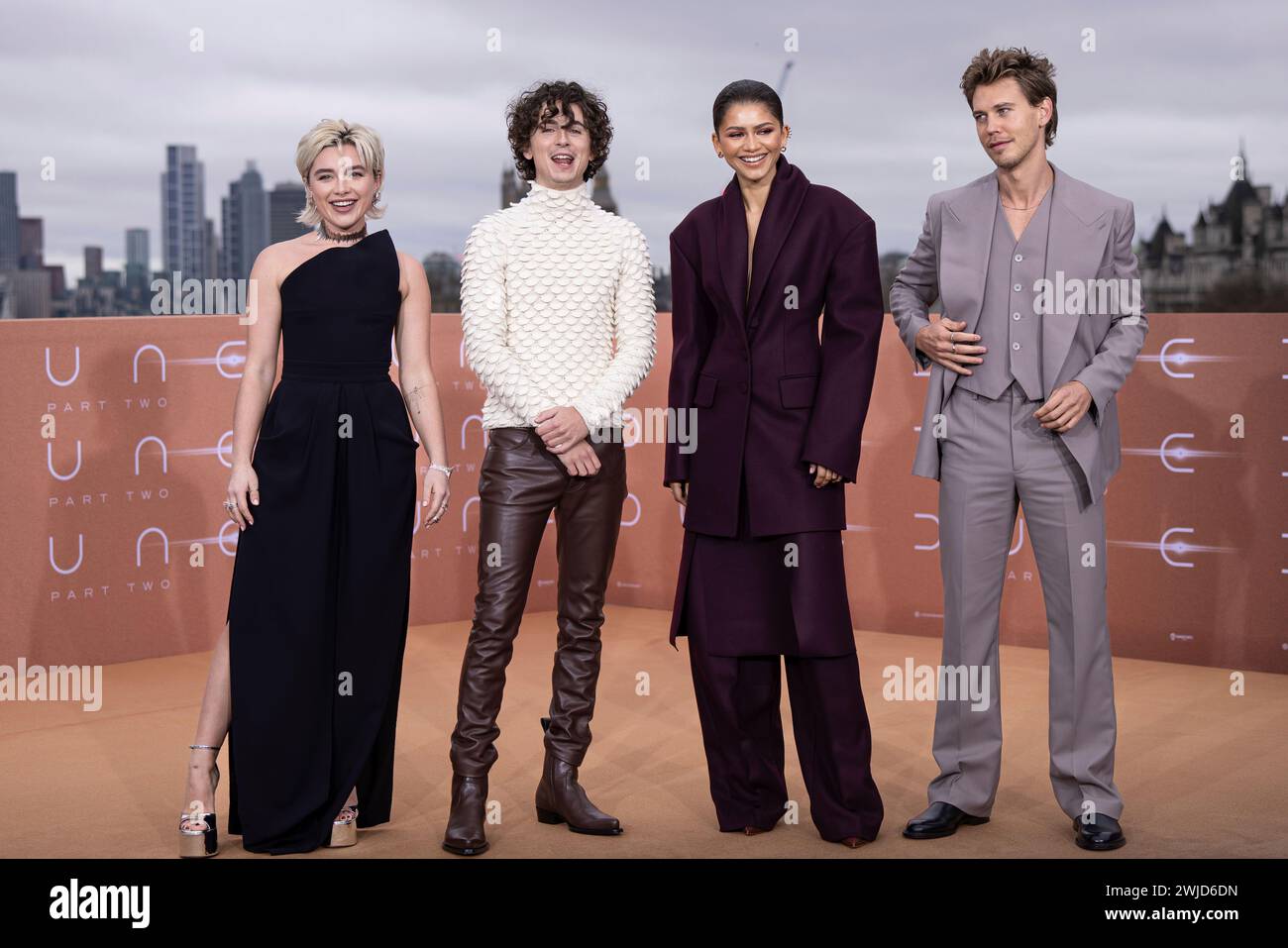 Florence Pugh, from left, Timothee Chalamet, Zendaya and Austin Butler pose for photographers at ...