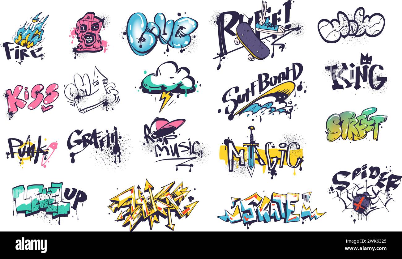 Wandgraffiti-Tags. Underground-Stil Kritzelung Mode-Symbole, Spray Tag ...