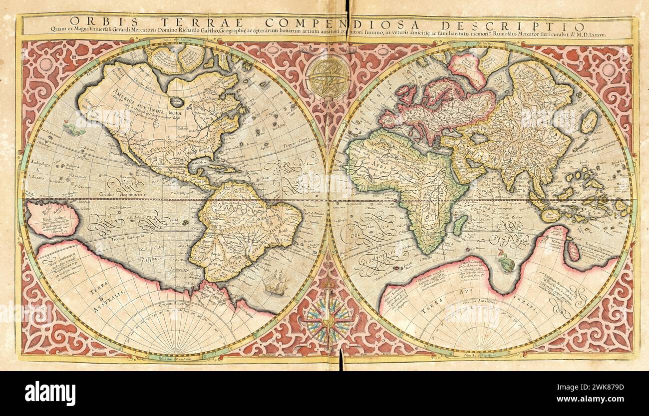 Atlas, Karte von 1623, The World, digital restaurierte Reproduktion ...