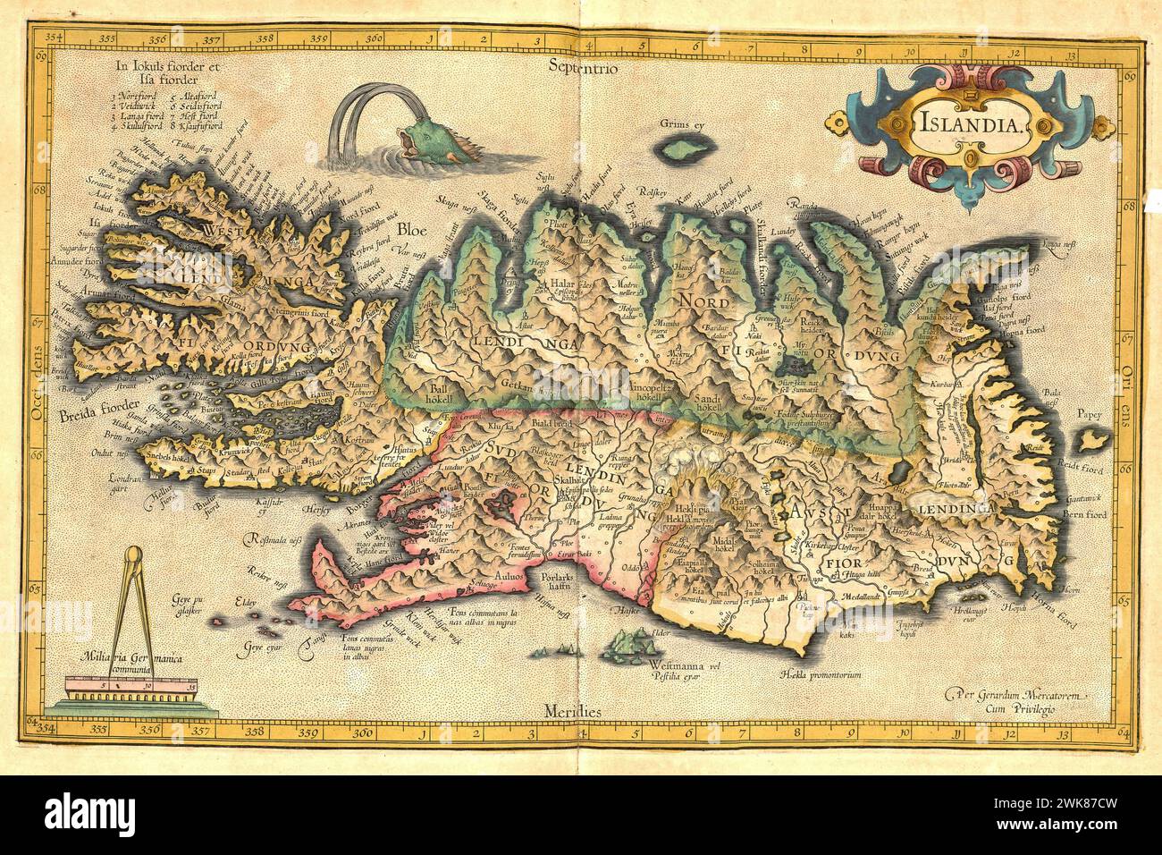 Atlas, Karte von 1623, Island, digital restaurierte Reproduktion einer ...