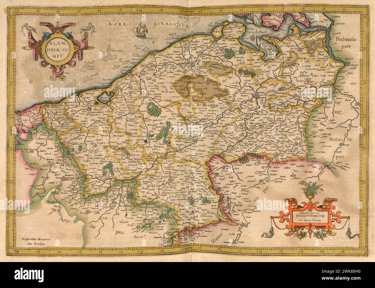 Atlas, Karte von 1623, Flandern, Belgien, digital restaurierte ...