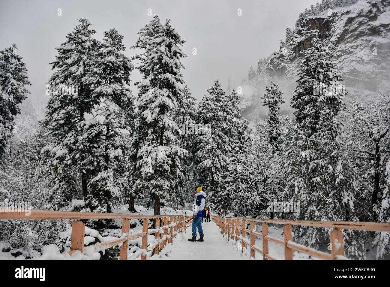 Gaganfir, Indien. Februar 2024. Ein Mann geht nach starkem Schneefall ...