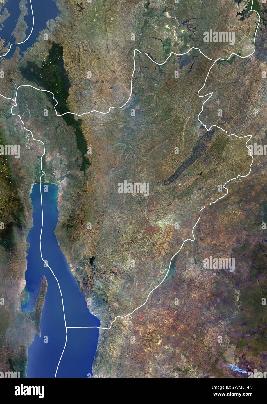 Farb-Satellitenbild von Burundi und den Nachbarländern, mit Grenzen ...