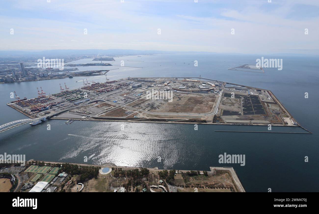 An earial photo shows Yumeshima, the venue for Expo 2025 Osaka, Kansai ...