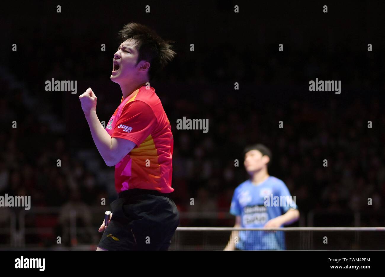 Busan, Südkorea. Februar 2024. Fan Zhendong aus China feiert beim ...