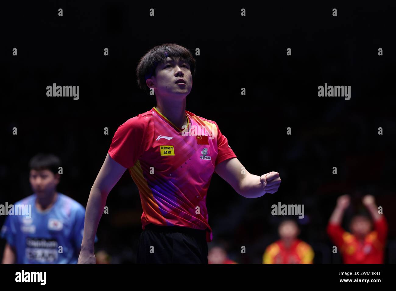 Busan, Südkorea. Februar 2024. Wang Chuqin aus China feiert beim Finale ...