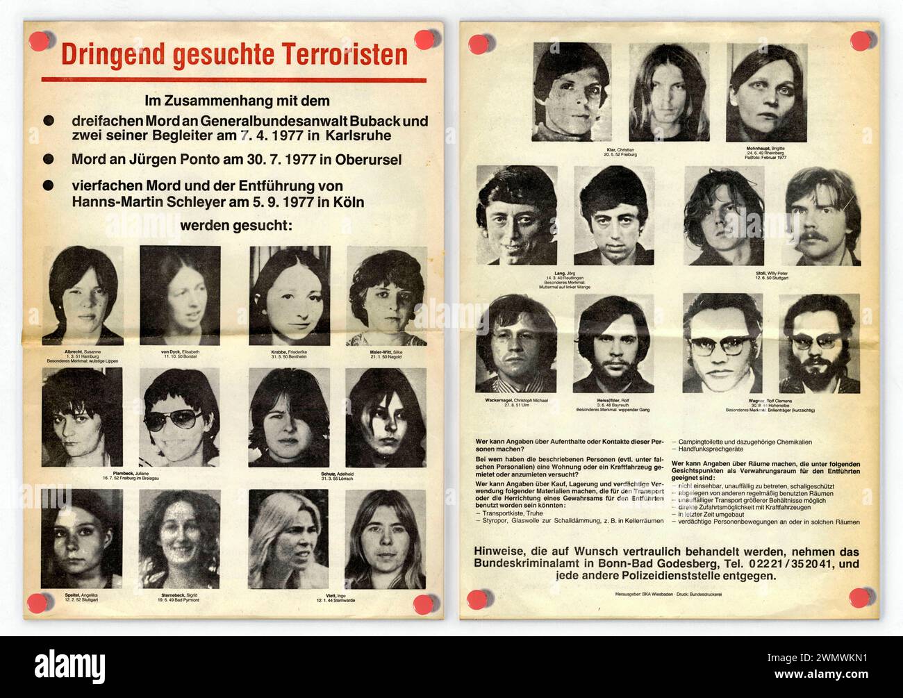 RAF-Fahndungsplakat von 1977, RAF-Terroristen der zweiten Generation ...