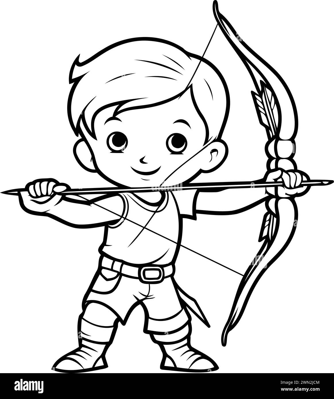 Ausmalseite Umriss von Cartoon Boy mit Bogen und Pfeil Vektor ...