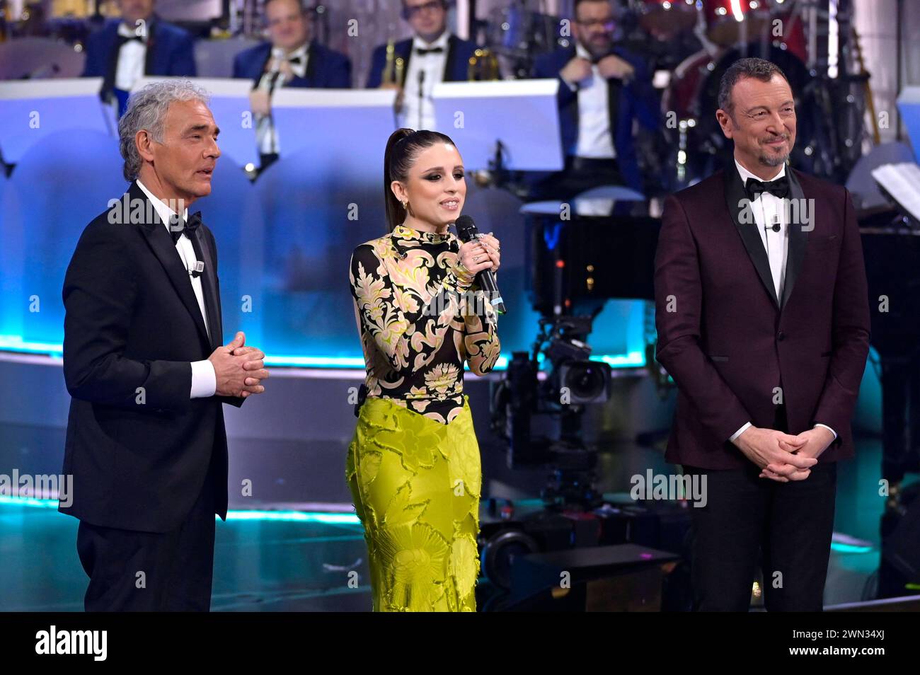 Massimo Giletti, Angelina Mango und Amadeus in der Rai TV-Show La TV fa 70 im Auditorium Rai ...