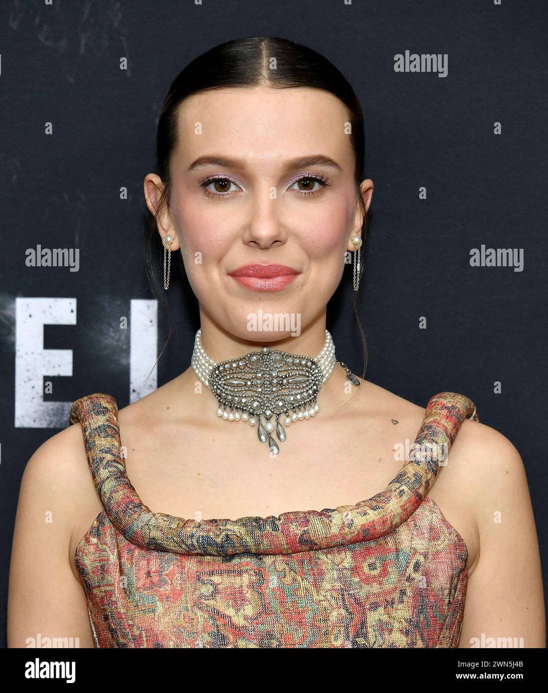 Millie Bobby Brown poses at the Netflix "Damsel" photo call at the Plaza Hotel on Thursday, Feb ...