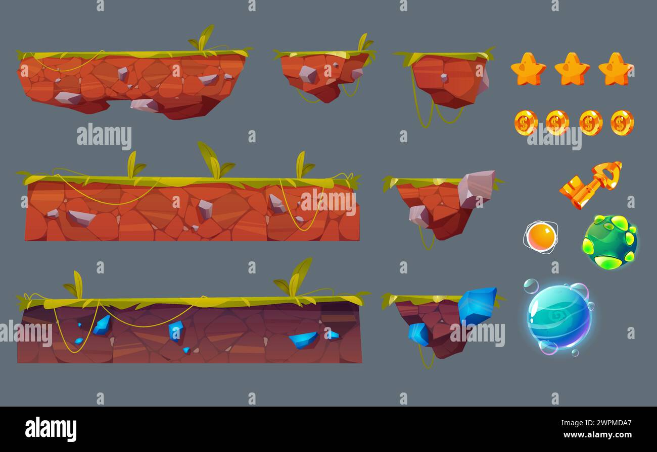 Bodenplattform, schwimmende Insel und Elemente für das Design der Game ...