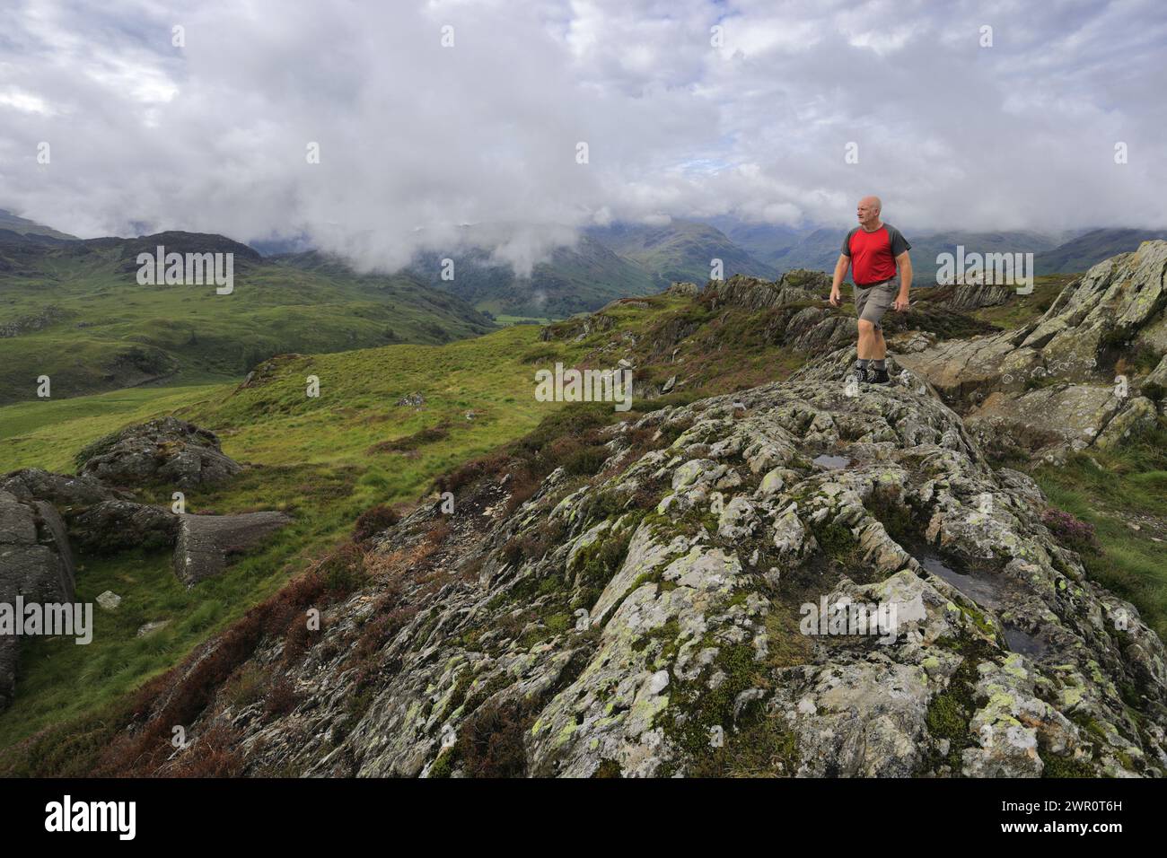 Walker at the Summit Cairn of Grange Fell on the Watendlath Fells, Lake ...