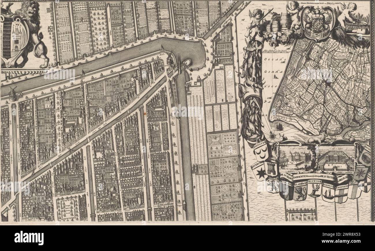 Plan der figürlichen Karte von Delft (oben rechts), Karte von Delft ...
