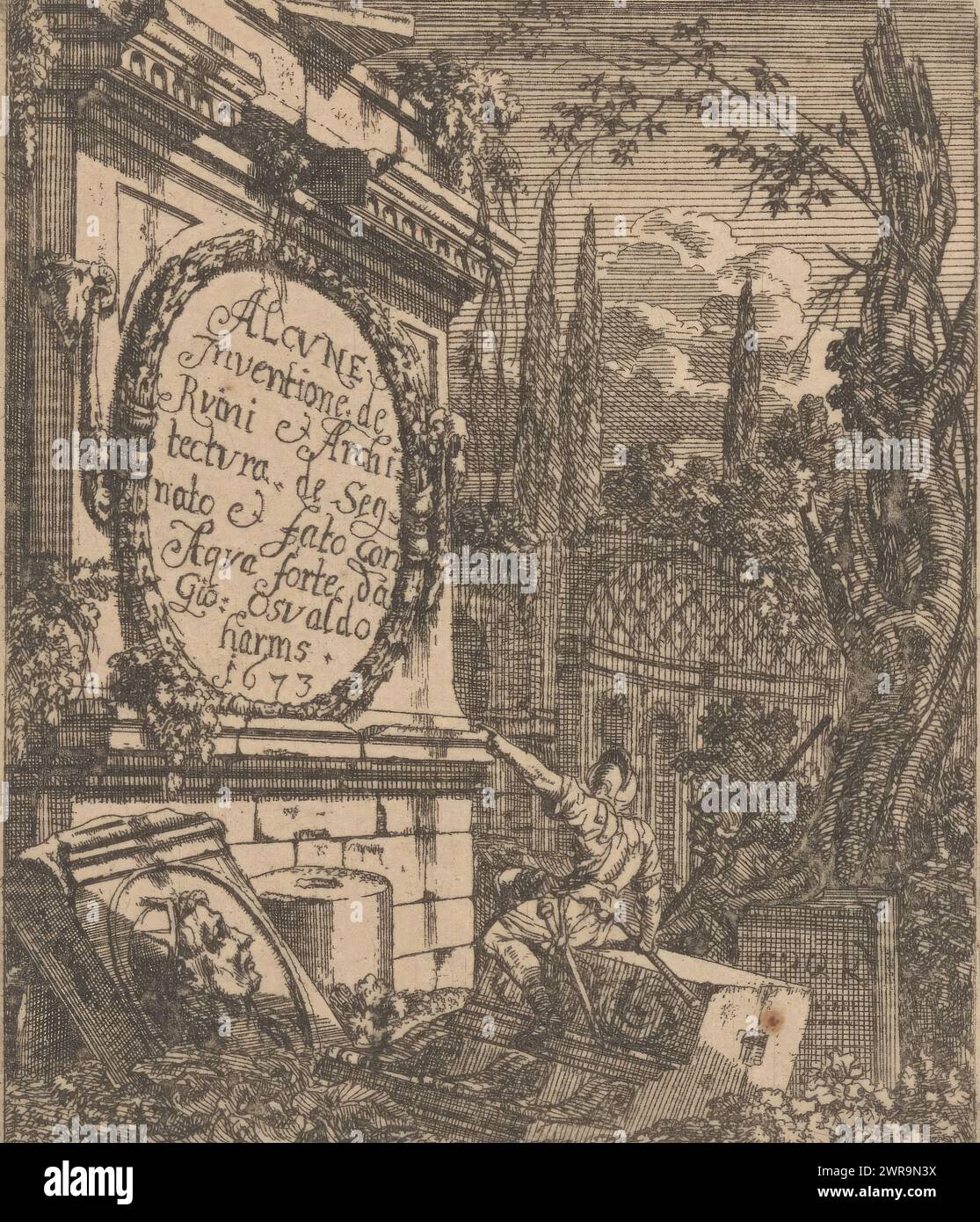 Die bewaffnete Figur zeigt auf ein Denkmal in einer Landschaft mit ...