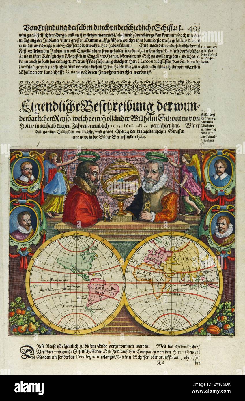 Doppelhalbkugelkarte der Welt mit Porträts der wichtigsten Entdecker ...