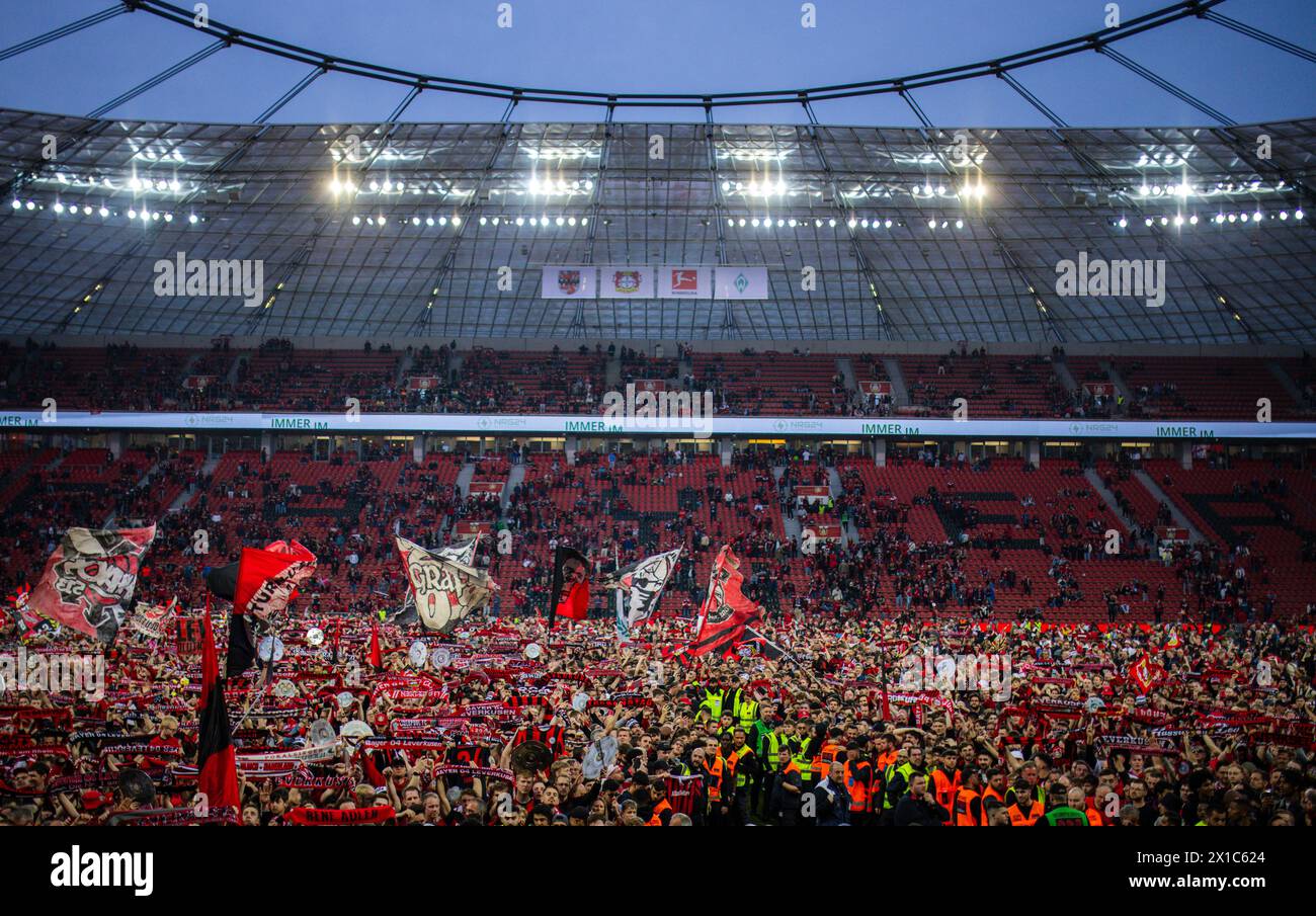 Leverkusen Deutschland. April 2024. Leverkusen Fans feiern die deutsche ...