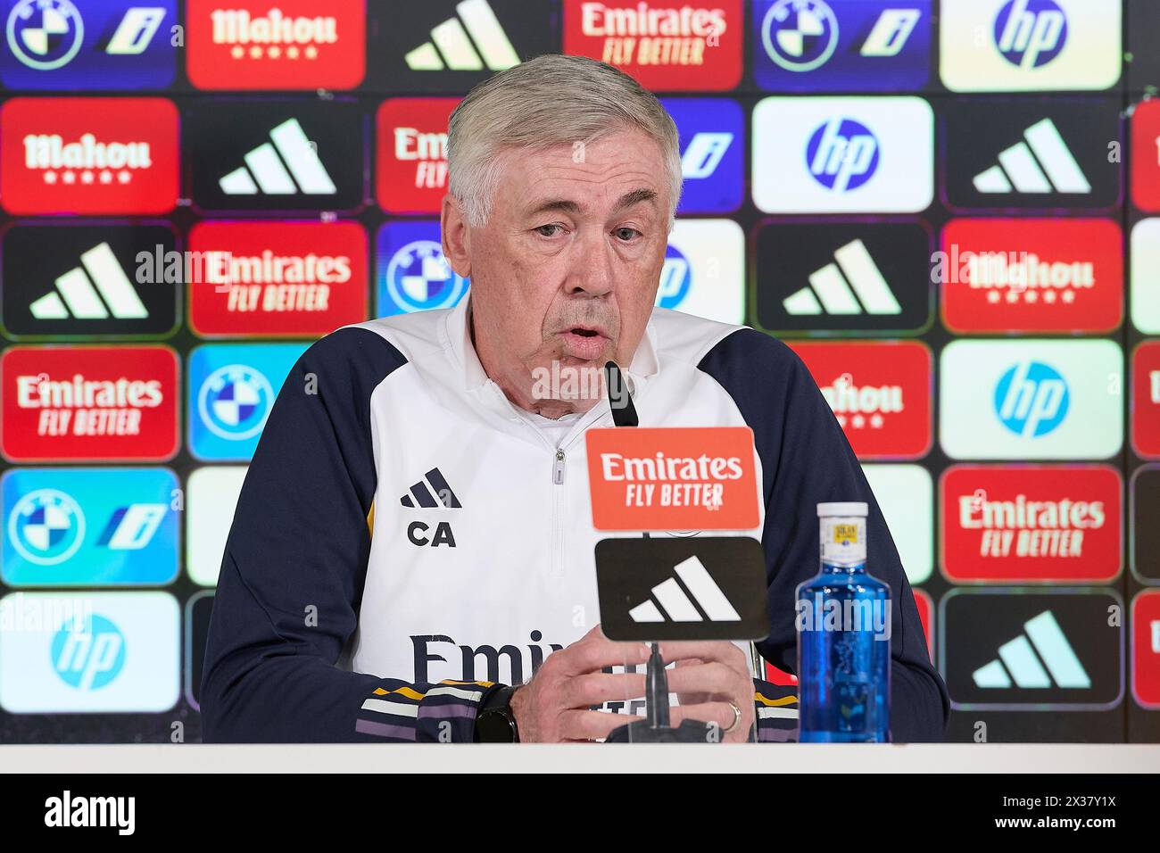 Madrid, Spanien. April 2024. Carlo Ancelotti, Cheftrainer von Real Madrid CF, nimmt am Vorabend ...