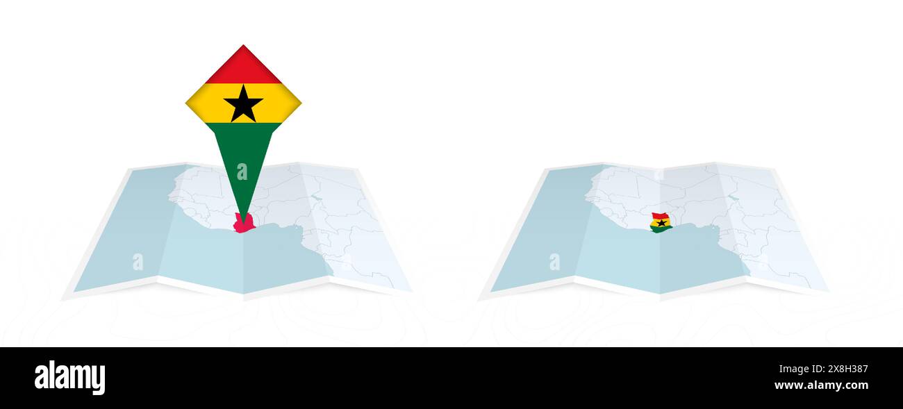 Zwei Versionen einer gefalteten Ghana-Karte, eine mit einer angepinnten ...