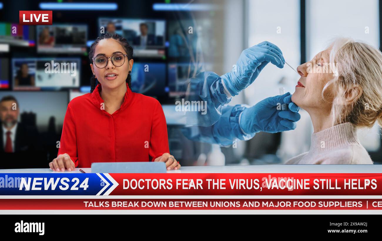 Split Screen TV News Konzept: Anchorwoman Talks. Segment Medical Care: Krankenschwester in ...