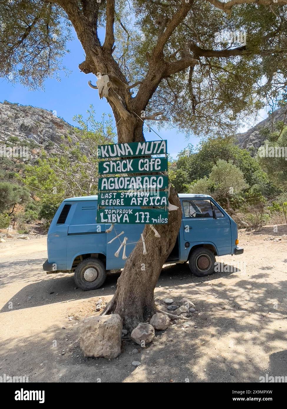Touristische humorvolle lustige Schild auf Baum hinter dem alten ...