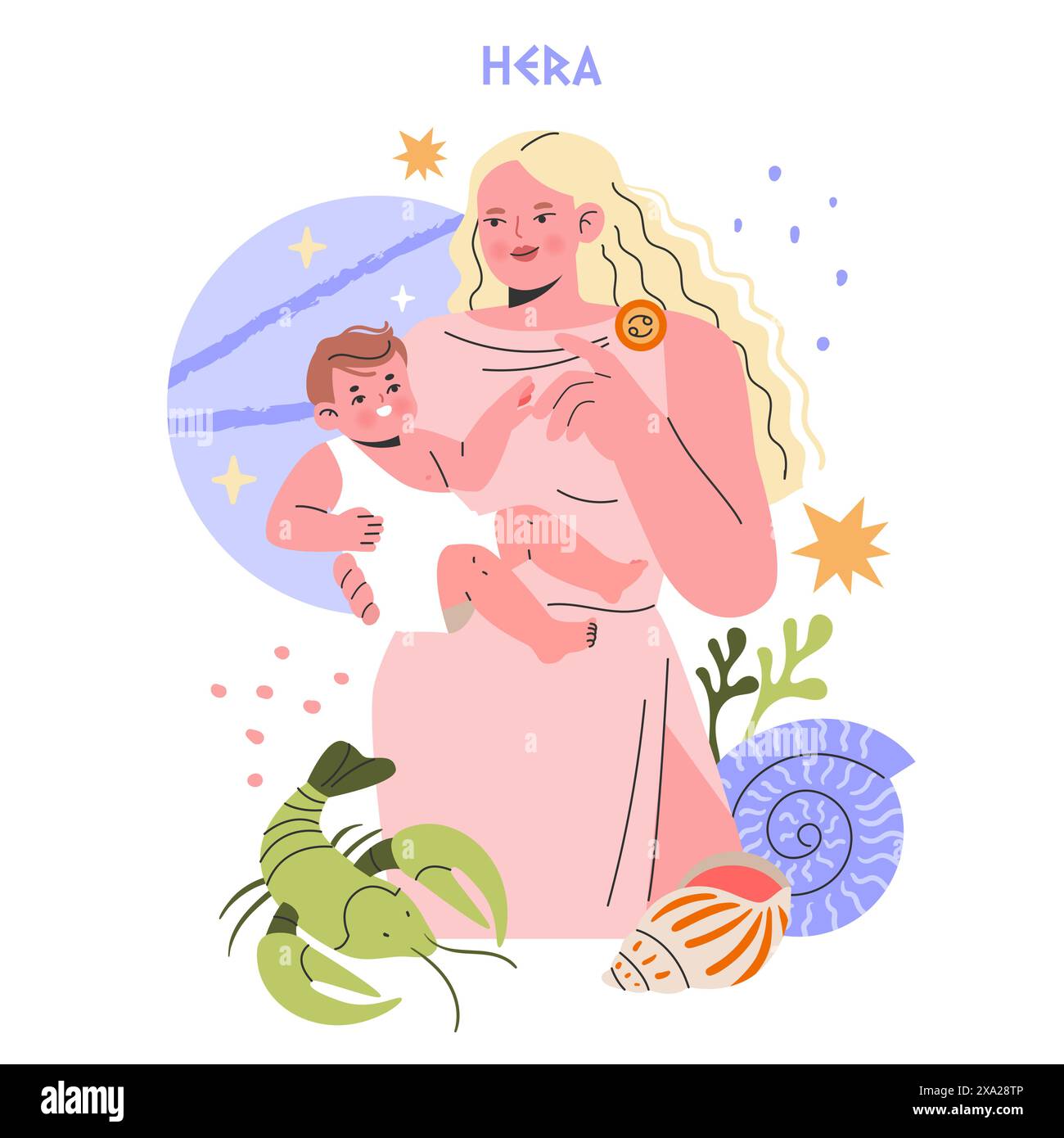 Antike griechische Götter. Eine heitere Illustration von Hera mit einem ...