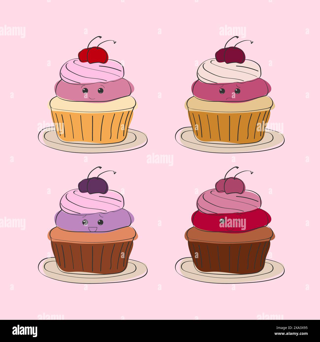Diese digitale Illustration zeigt vier entzückende Cupcakes, jeder mit ...