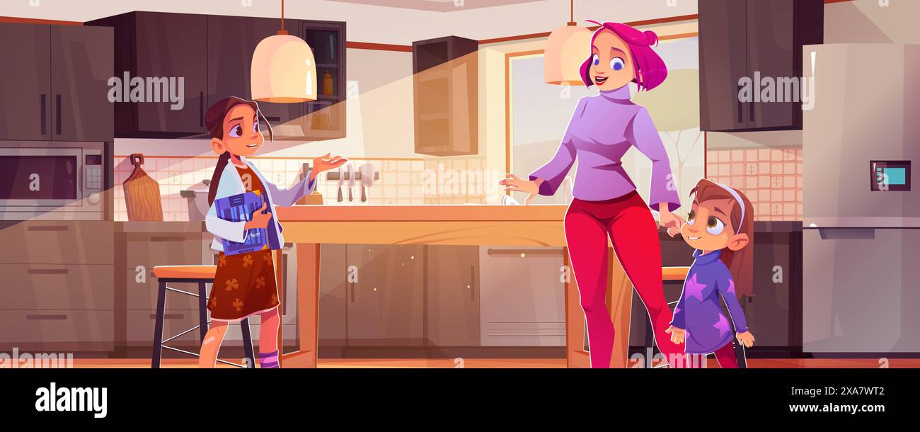 Kinder- und Teenagermädchen reden mit Mutter, die in der Küche steht ...