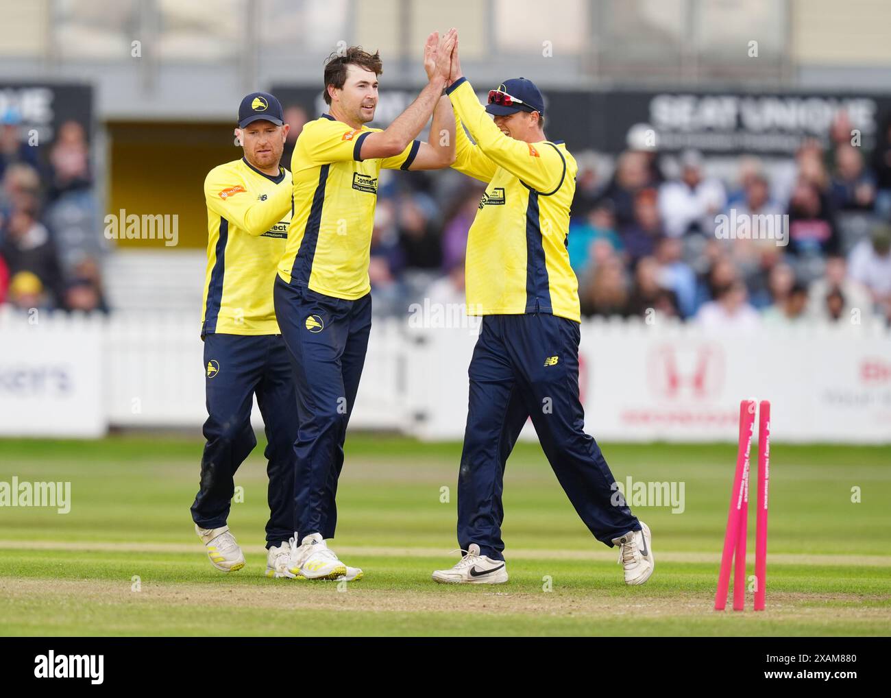 James Fuller aus Hampshire feiert den Wicket von Jack Taylor aus ...