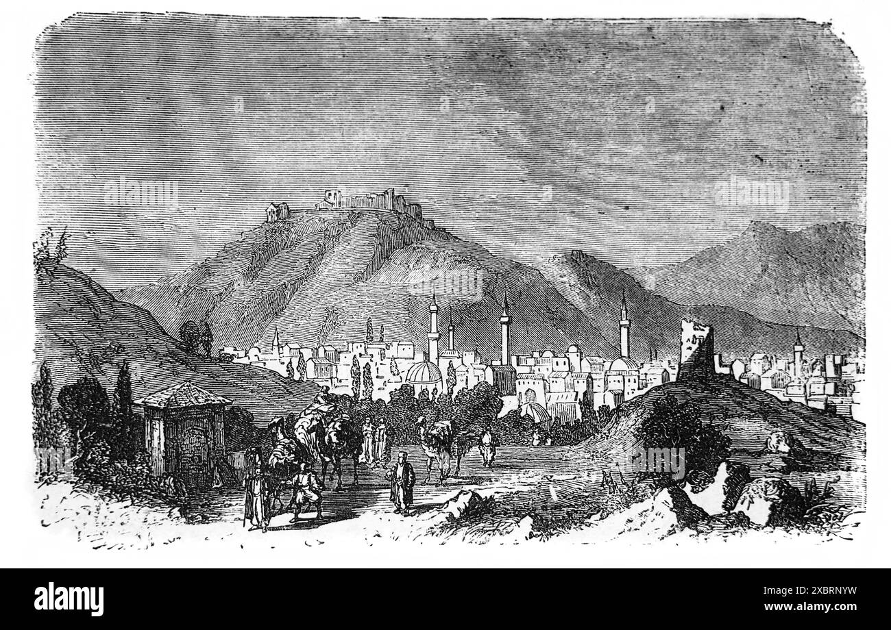 Holzgravur von Pergamos aus dem Buch der Offenbarungen, wo Johannes dem Theologen befohlen wurde ...