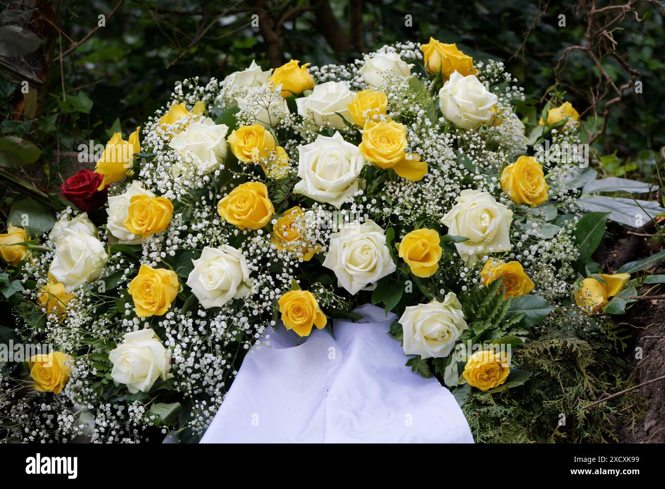 Grabanordnung mit weißen und gelben Rosen, verziert mit gypsophila und ...