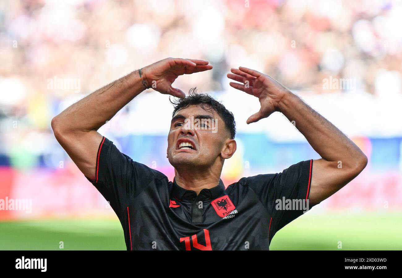 Hamburg. Juni 2024. Qazim Laci von Albanien feiert nach einem Torschuss ...