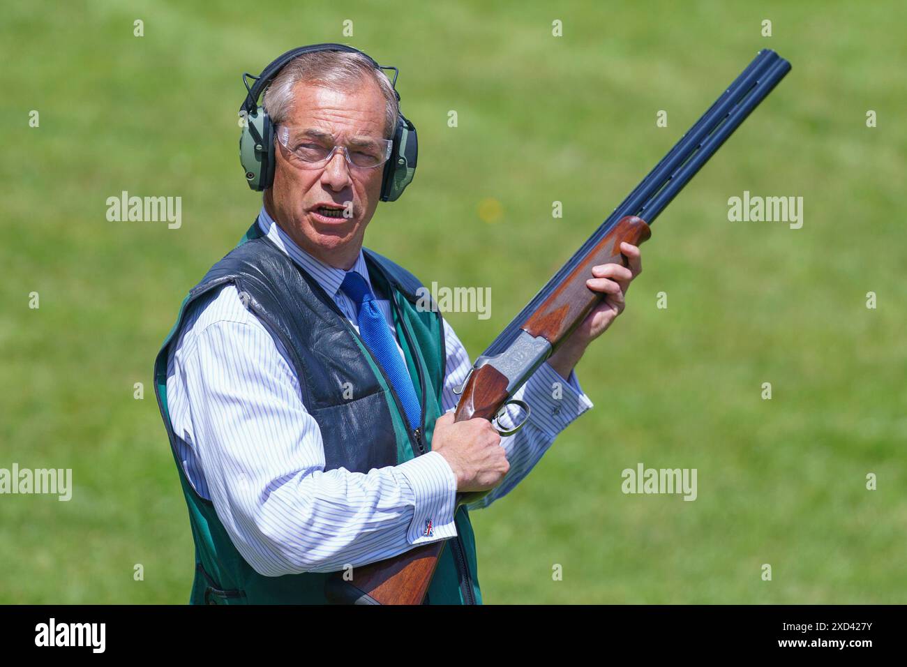 Nigel Farage, Chef der Reform, nimmt während eines Besuchs in der ...