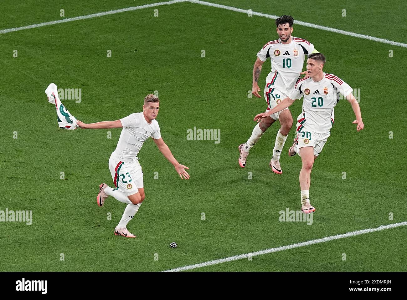 Hungary's Kevin Csoboth (23) celebrates his goal with Dominik ...