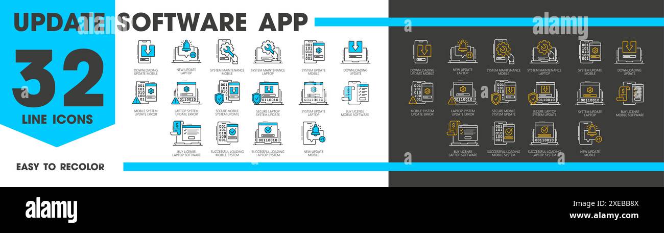 Aktualisierung der Software-App-Zeilensymbole, Wartung und Download-Umrisssymbole Vektorsatz ...