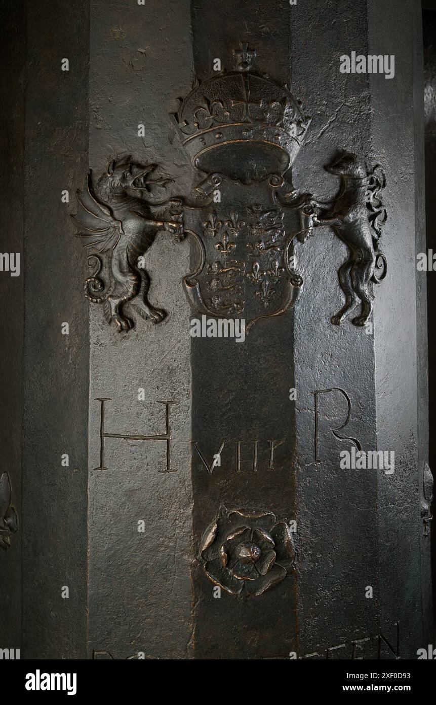 Die Tudorrose und das Wappen Heinrichs VIII. Auf einer Demi-Kanone, die ...