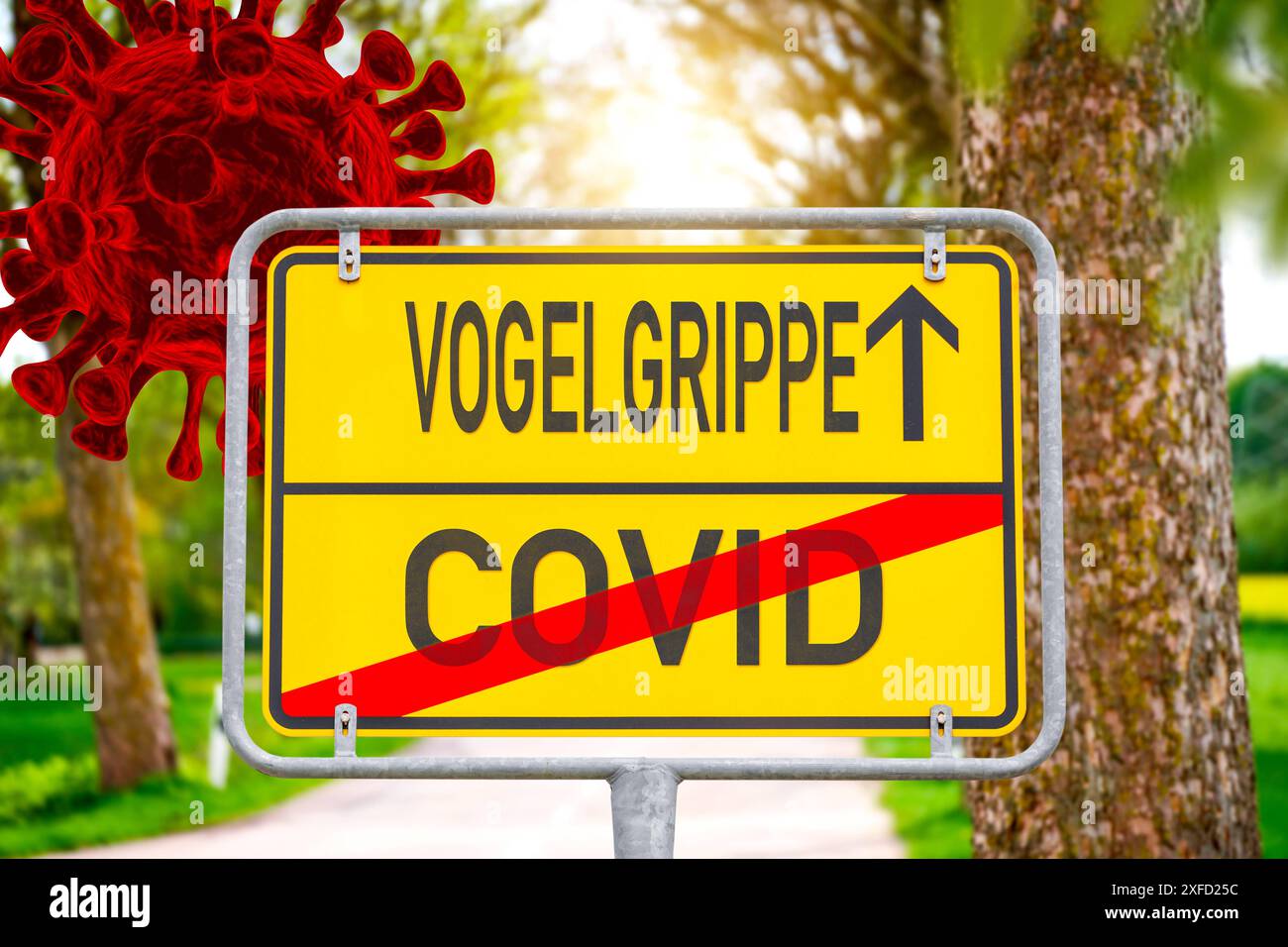 Deutschland - 02 Juli 2024: Verkehrszeichen mit Viren im Hintergrund ...