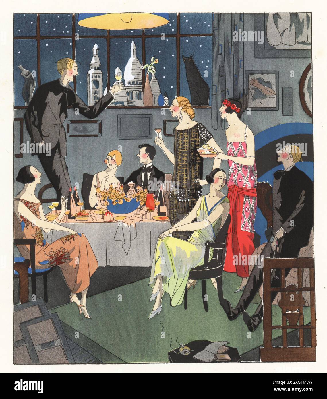 Eine modische Cocktailparty in Paris, 1922. Kunstwerke an den Wänden ...