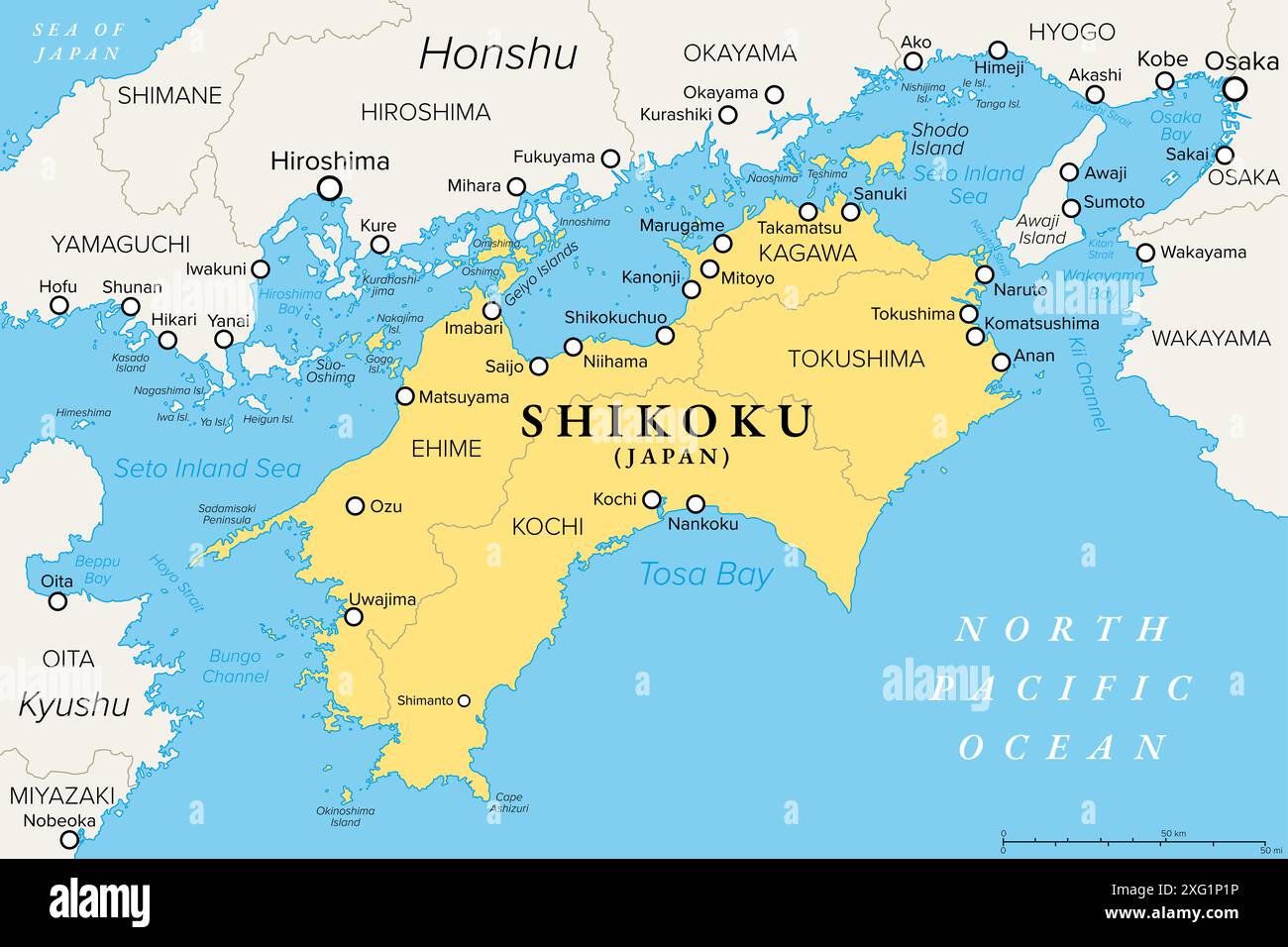 Shikoku Insel und Region in Japan mit vier Präfekturen, politischer Karte. Region und kleinste ...
